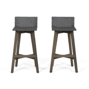 gdfstudio outdoor acacia wood & wicker barstools (set of 2), gray