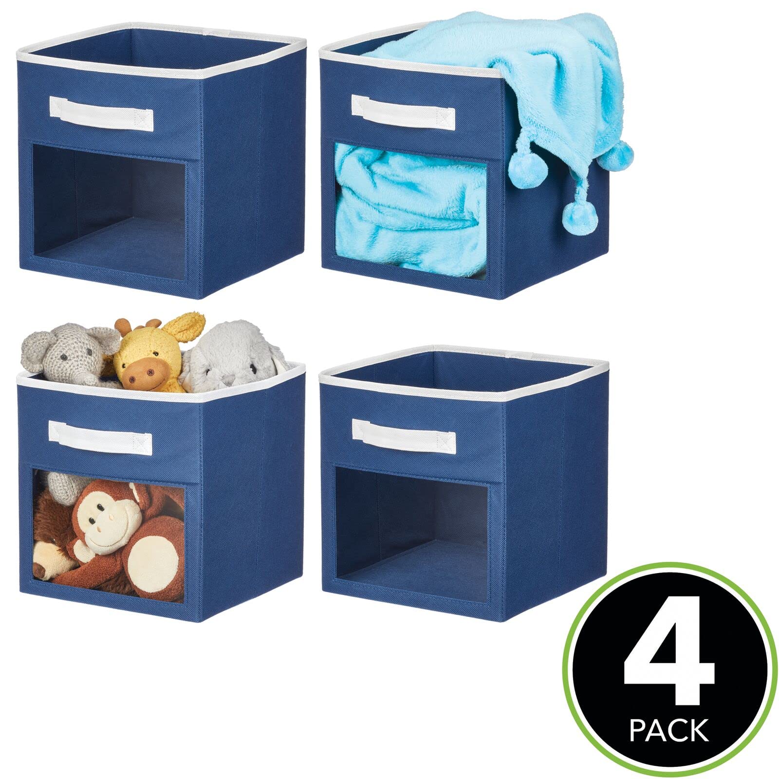 mDesign Fabric Nursery/Playroom Closet Storage Organizer Bin Box with Front Handle/Window for Cube Furniture Shelving Units, Hold Toys, Clothes, Diapers, Bibs, Jane Collection, 4 Pack, Navy Blue/White