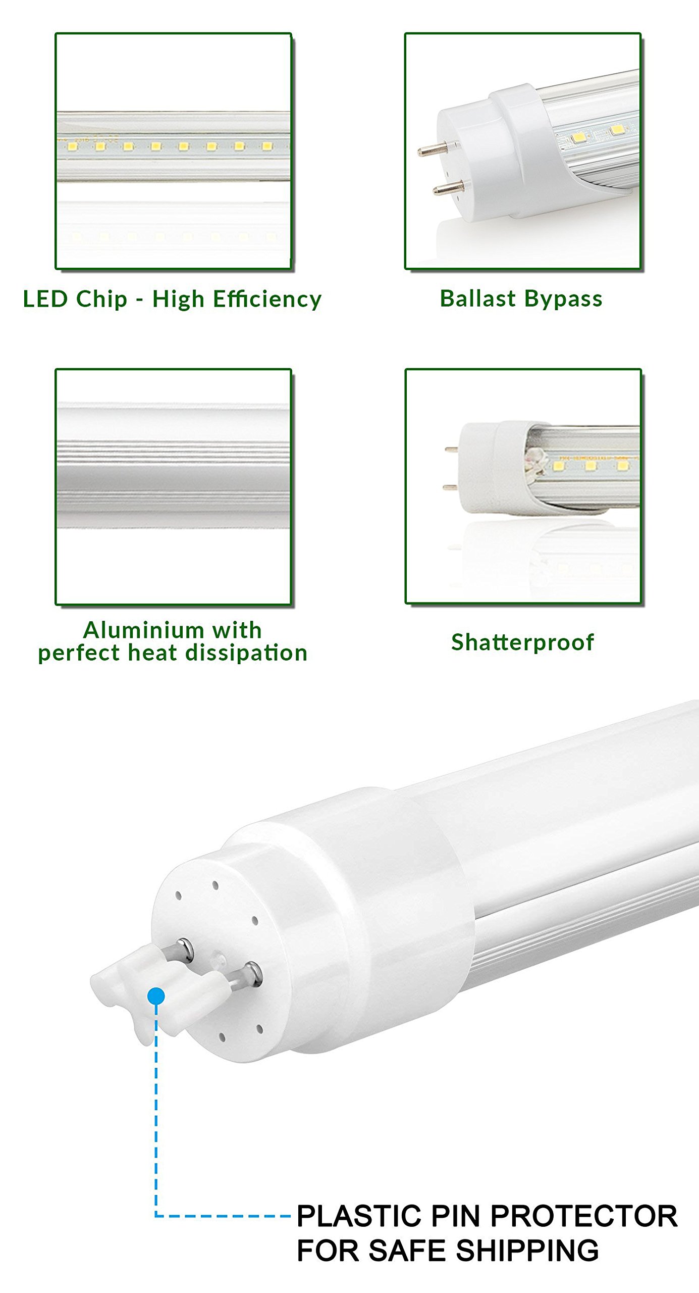 Alpha T8 T10 T12 LED Light Bulbs Clear or Frosted Lens 4FT 18W 6000K-6500K Cool White Bright Dual End Replacement 40W 4 FT Fluorescent Lamp Ballast Bypass Home Office Shop Pack of 4 (Clear Lens)