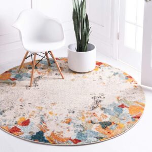 unique loom chromatic collection modern colorful floral & vibrant abstract area rug for any home décor, 6' 0" x 6' 0", multi/beige