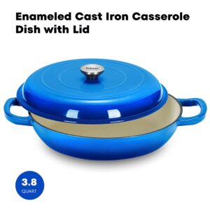 Klee 3.8 Quart Blue Casserole Dish with Lid - Enameled Porcelain Coated Cast Iron Cookware Used as Braising Pan, Baking Pan, Saucepan, Frying Pan, and More - 3.8 Quart Capacity, 12 Inches