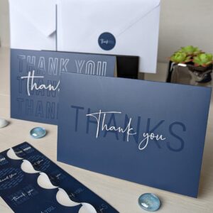 100 Thank You Cards with Envelopes and Stickers - 4 Unique Navy Blue Designs Bulk Blank Notes Luxury UV Printing for Business, Formal and All Occasions 4x6 Inch Blank Inside