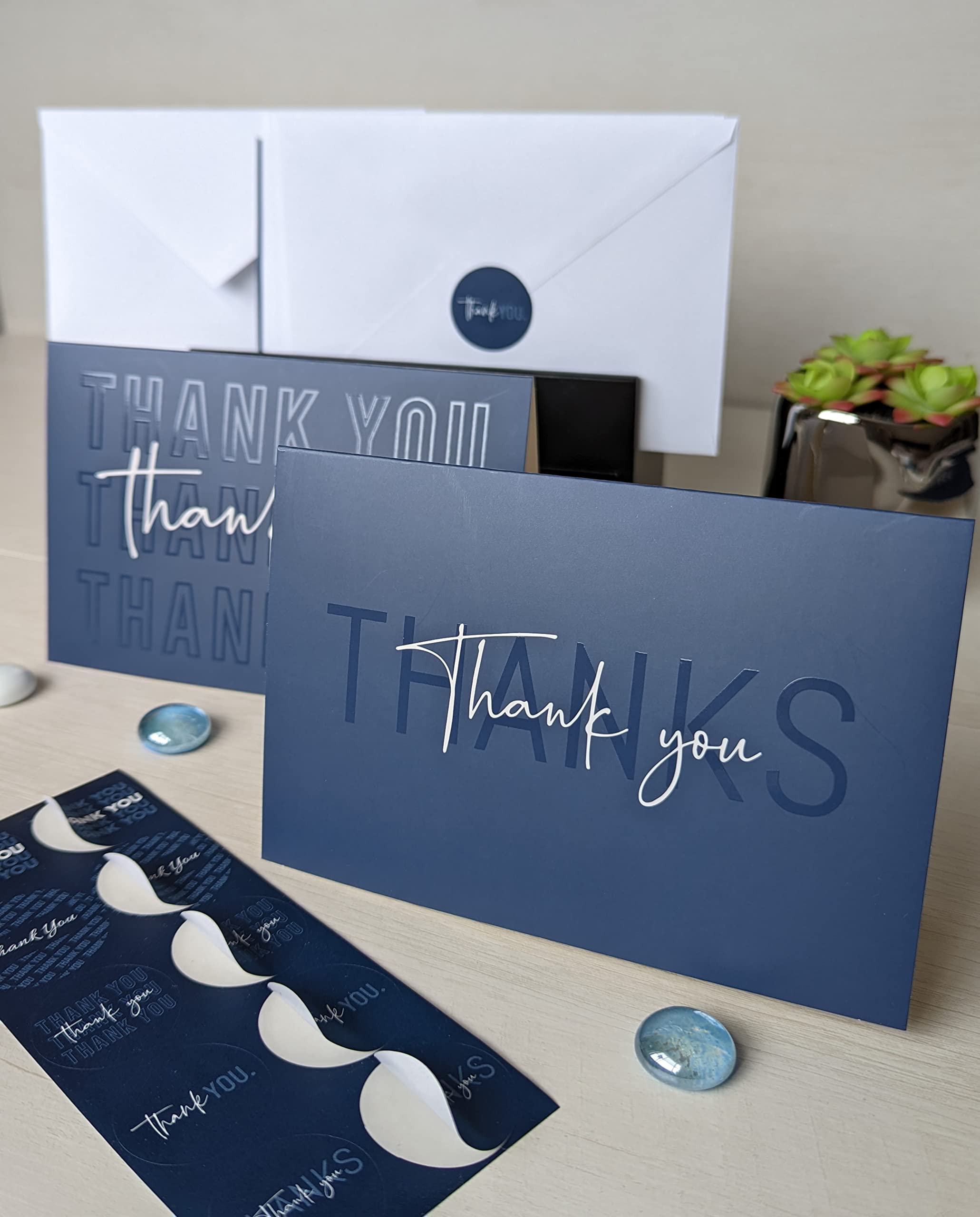 100 Thank You Cards with Envelopes and Stickers - 4 Unique Navy Blue Designs Bulk Blank Notes Luxury UV Printing for Business, Formal and All Occasions 4x6 Inch Blank Inside