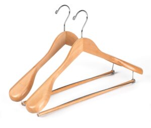 luxury wide shoulder wooden hangers 2 pack, with locking bar, smooth natural finish wood suit hanger coat hanger for closet, holds upto 20lbs, 360° swivel hook, for jacket, dress heavy clothes hangers