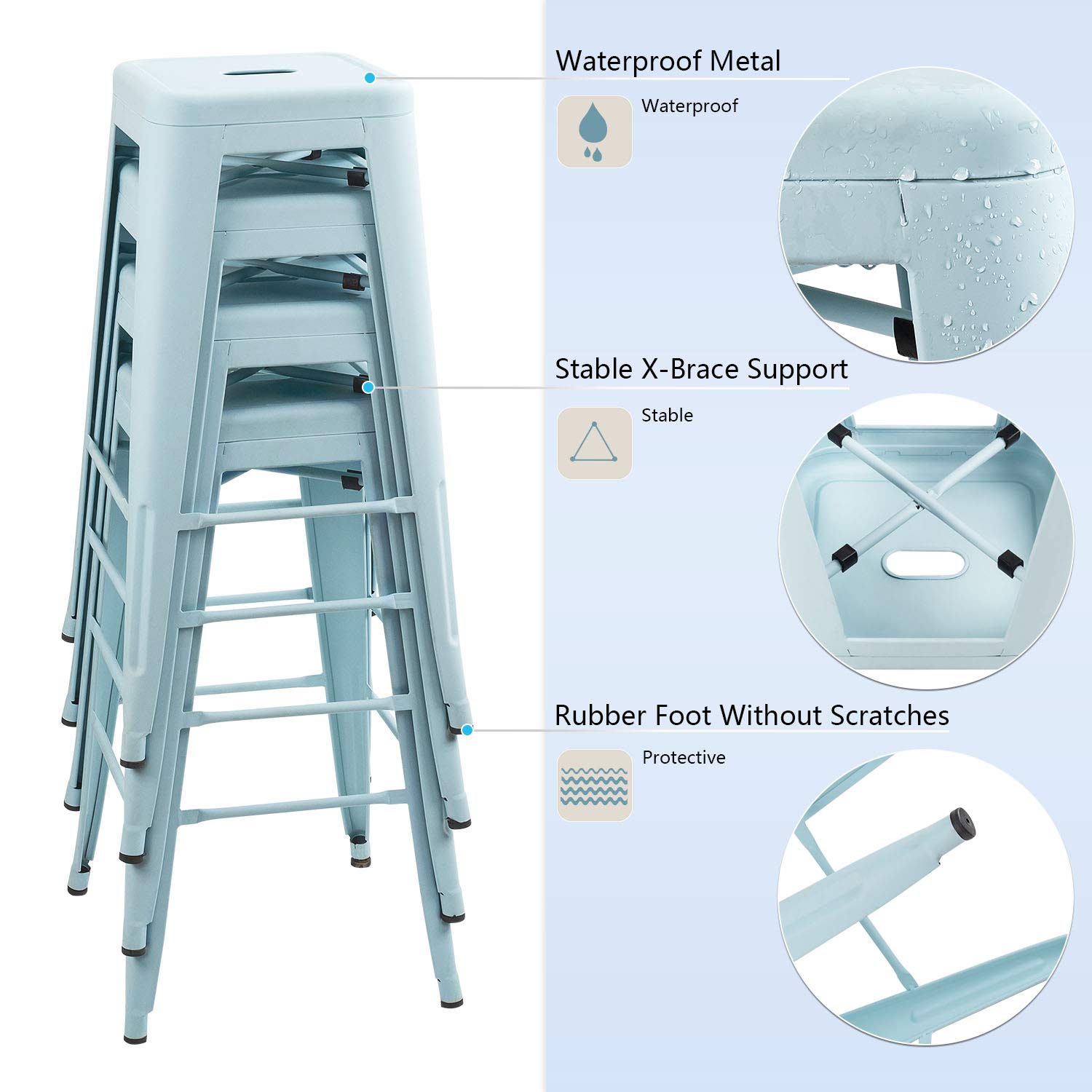 Furniwell 30 Inches Metal Bar Stools High Backless Tolix Indoor-Outdoor Stackable Barstool with Square Counter Seat Set of 4 (Blue)