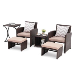 oc orange-casual 6 piece patio wicker furniture set, balcony all weather rattan chair, with space saving ottoman, resin nesting coffee table, modern design, beige