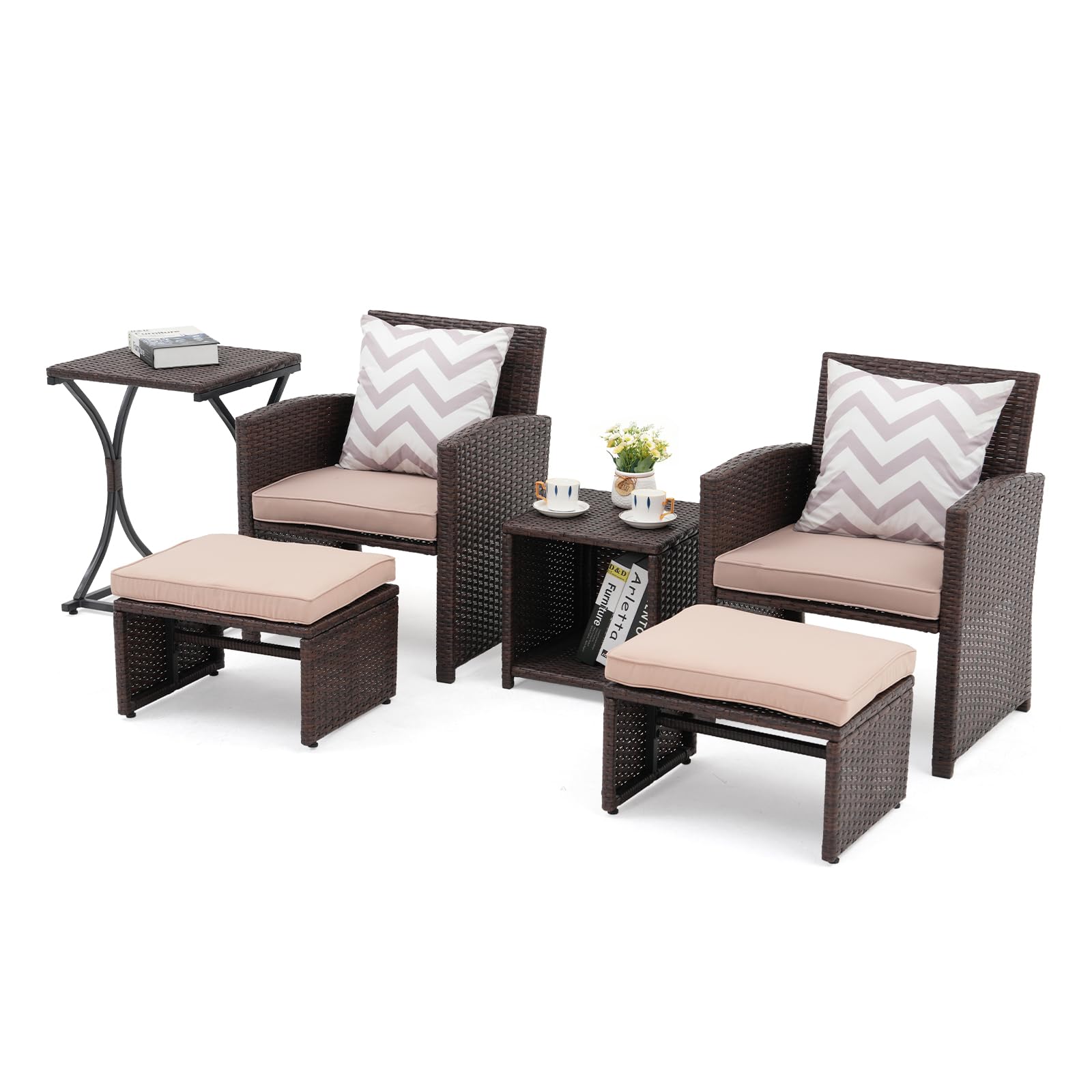 OC Orange-Casual 6 Piece Patio Wicker Furniture Set, Balcony All Weather Rattan Chair, with Space Saving Ottoman, Resin Nesting Coffee Table, Modern Design, Beige