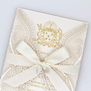 Picky Bride 25-Pack Ivory Laser Cut Lace Wedding Invitations Wraps with Shimmer Insert and Ribbon Bow, Elegant Invite Cards for Wedding/Bridal Shower/Birthday Party, 125 x 185mm (25 Invitations)