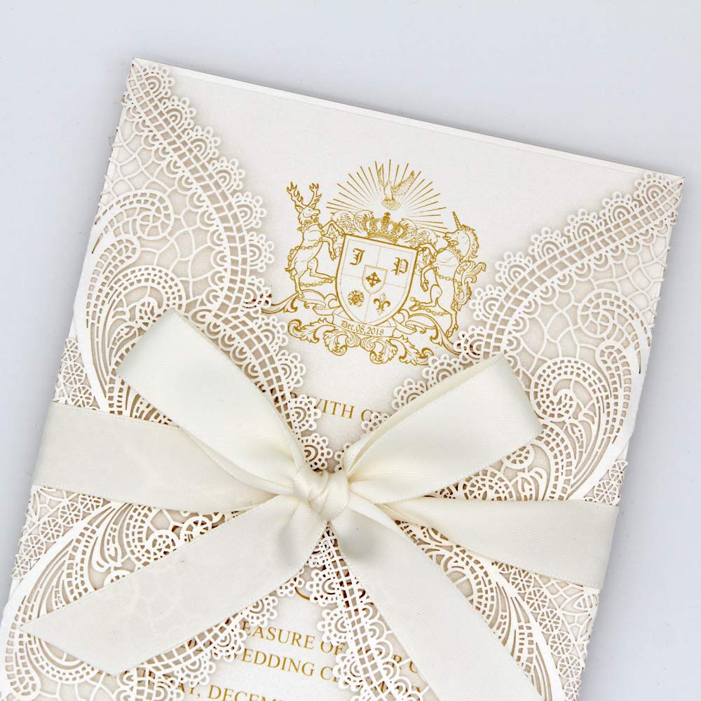 Picky Bride 25-Pack Ivory Laser Cut Lace Wedding Invitations Wraps with Shimmer Insert and Ribbon Bow, Elegant Invite Cards for Wedding/Bridal Shower/Birthday Party, 125 x 185mm (25 Invitations)