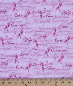 cotton pink breast cancer words calligraphy bows cotton fabric print by the yard (d561.17)