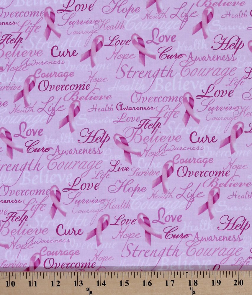 Cotton Pink Breast Cancer Words Calligraphy Bows Cotton Fabric Print by The Yard (D561.17)