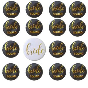 bachelorette party gold foil buttons bride and bride squad pins wedding party last fling bridal shower (16 badges, black)