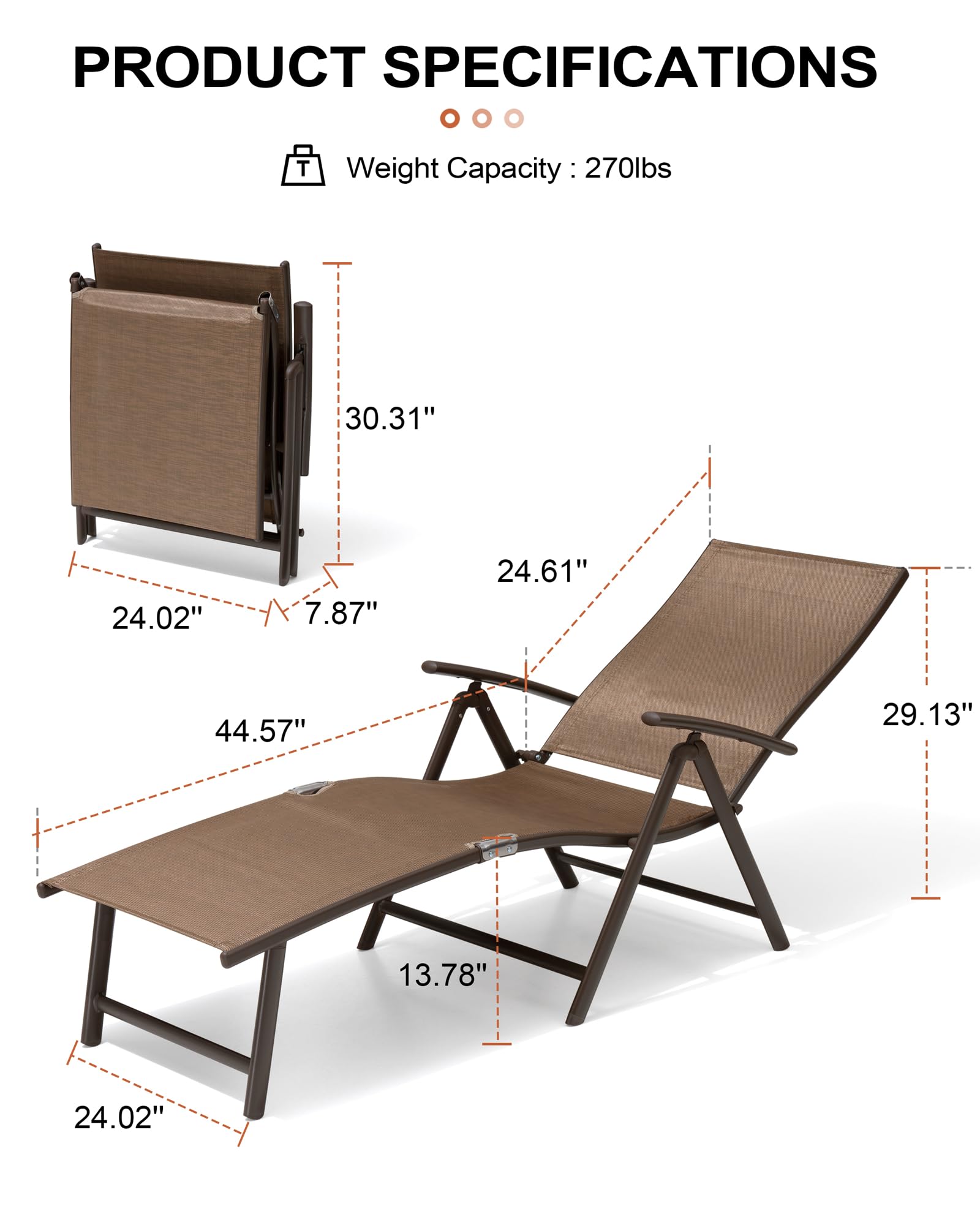 Crestlive Products Chaise Lounge Chair Outdoor Set of 2, Aluminum Folding Patio Recliner Chair, Adjustable 8 Positions Assemble-Free Perfect for Beach, Yard, Pool, Deck (Brown)