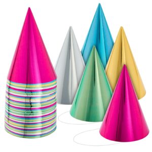 blue panda 50 pack birthday party cone hats for kids and adults, bulk set in 5 colors (metallic blue/green/gold/silver/hot pink)