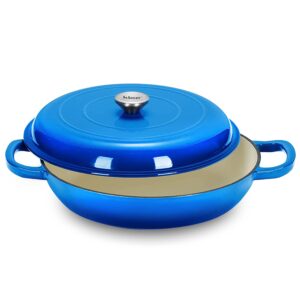 klee 3.8 quart blue casserole dish with lid - enameled porcelain coated cast iron cookware used as braising pan, baking pan, saucepan, frying pan, and more - 3.8 quart capacity, 12 inches