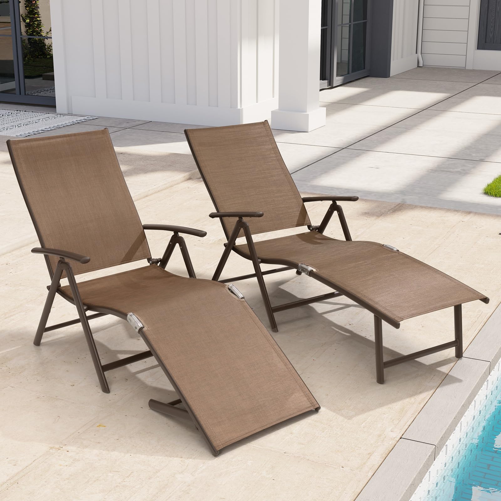 Crestlive Products Chaise Lounge Chair Outdoor Set of 2, Aluminum Folding Patio Recliner Chair, Adjustable 8 Positions Assemble-Free Perfect for Beach, Yard, Pool, Deck (Brown)