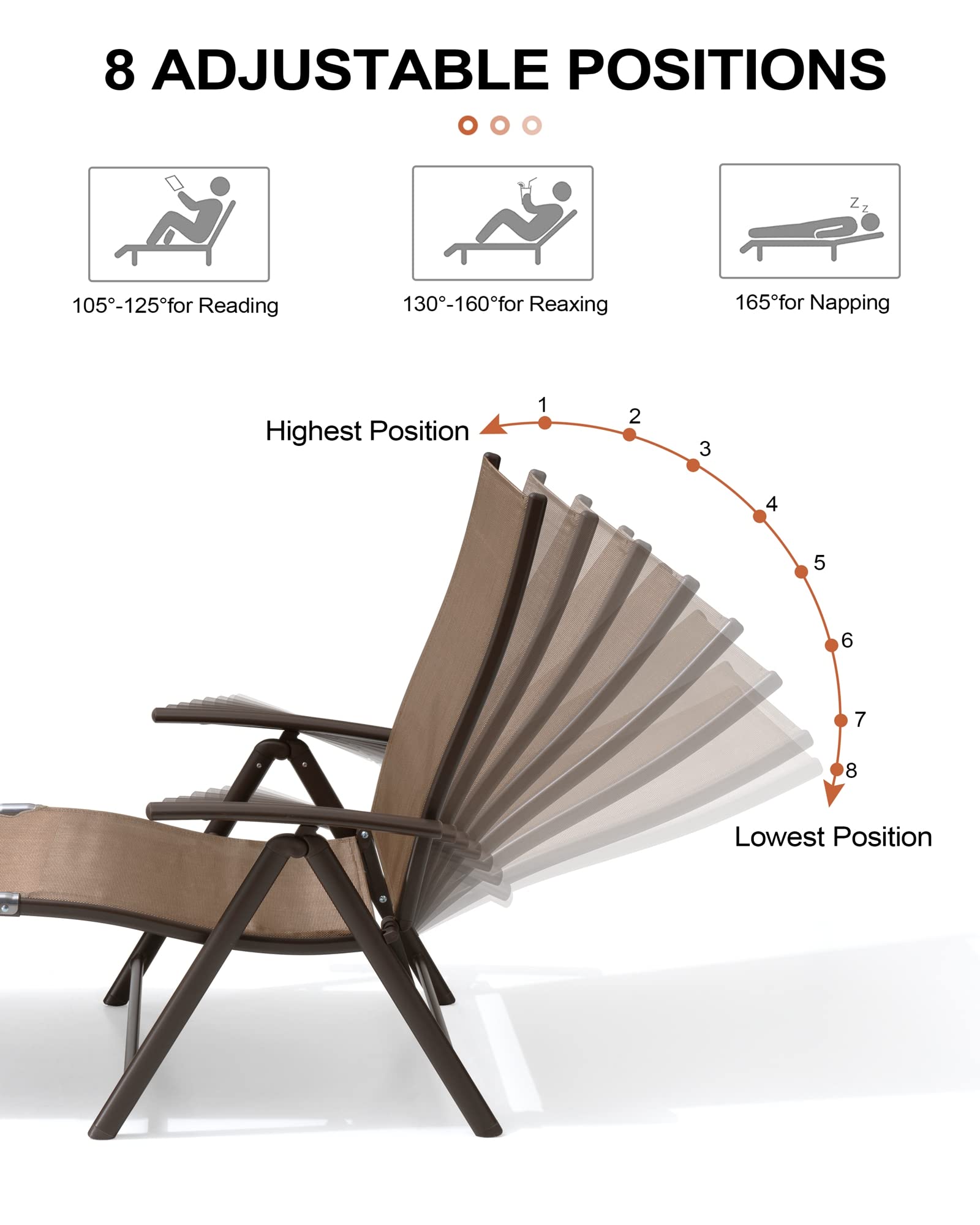 Crestlive Products Chaise Lounge Chair Outdoor Set of 2, Aluminum Folding Patio Recliner Chair, Adjustable 8 Positions Assemble-Free Perfect for Beach, Yard, Pool, Deck (Brown)