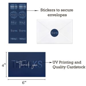 100 Thank You Cards with Envelopes and Stickers - 4 Unique Navy Blue Designs Bulk Blank Notes Luxury UV Printing for Business, Formal and All Occasions 4x6 Inch Blank Inside