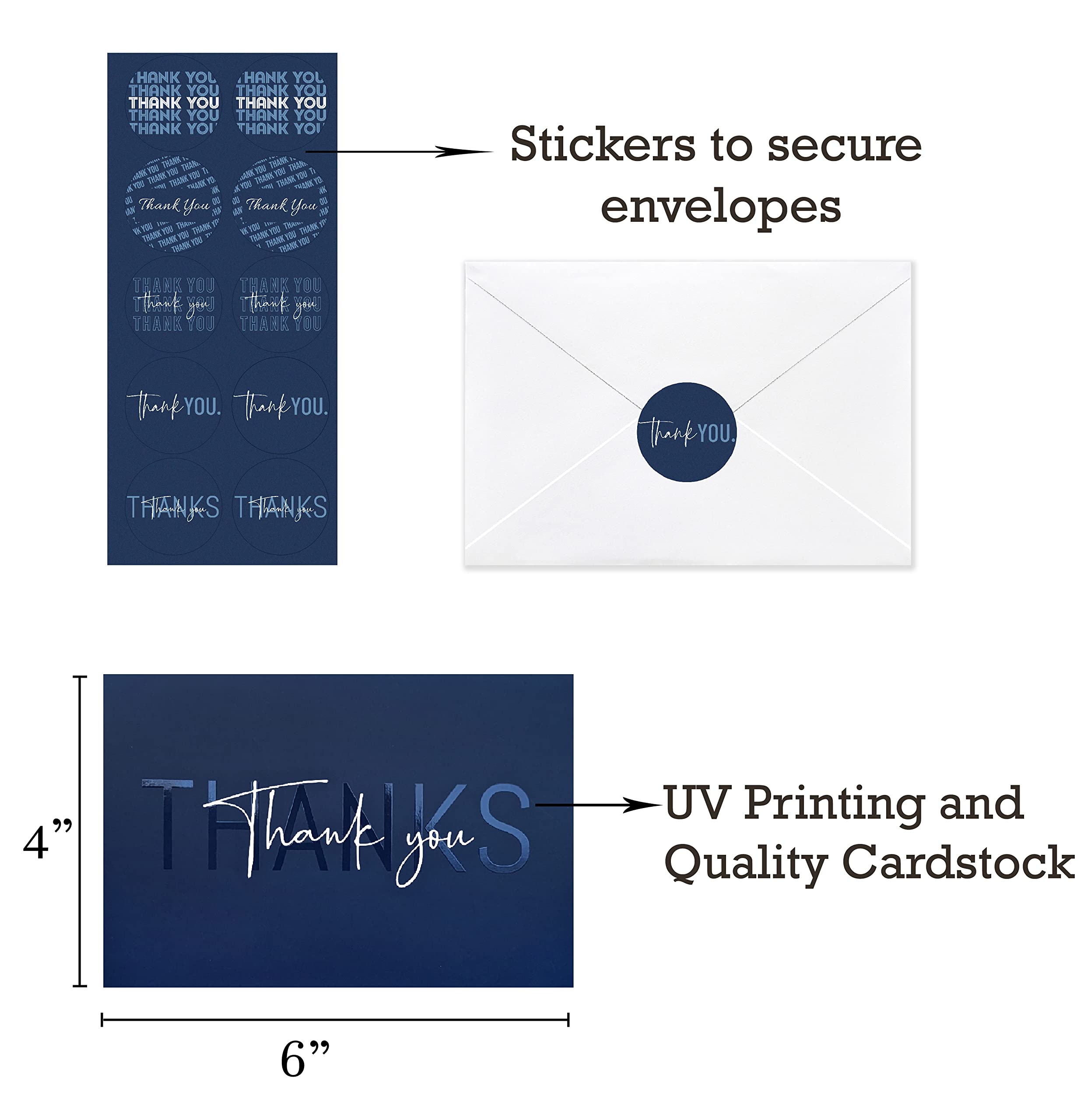 100 Thank You Cards with Envelopes and Stickers - 4 Unique Navy Blue Designs Bulk Blank Notes Luxury UV Printing for Business, Formal and All Occasions 4x6 Inch Blank Inside