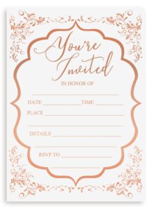 fill in party invitations cards 5x7, 20 pack, rose gold foil, 20 thank you tags included. invitation for wedding, birthday, bridal shower, special occasions, events, you are invited rose1