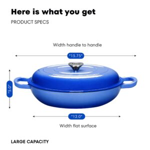 Klee 3.8 Quart Blue Casserole Dish with Lid - Enameled Porcelain Coated Cast Iron Cookware Used as Braising Pan, Baking Pan, Saucepan, Frying Pan, and More - 3.8 Quart Capacity, 12 Inches