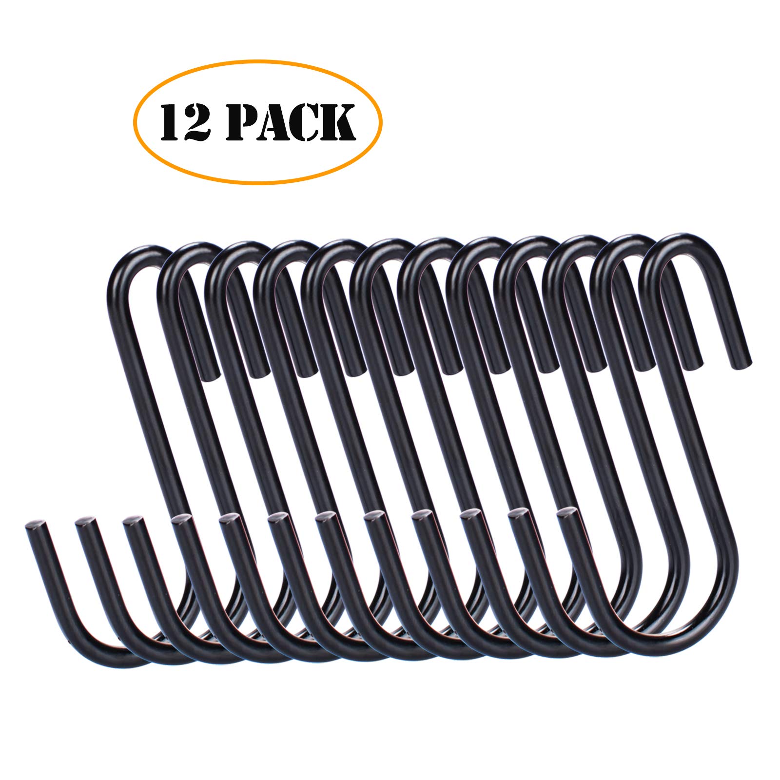 12 Pack 2.4" Heavy Duty (22lbs Max) S Shaped Hooks Hanging Hangers Hooks for Kitchen, Bathroom, Bedroom and Office(Pan,Pot,Coat,Bag,Plants)(Black)