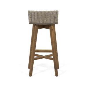 GDFStudio Outdoor Wood & Wicker Barstools (Set of 4), Light Brown and Teak