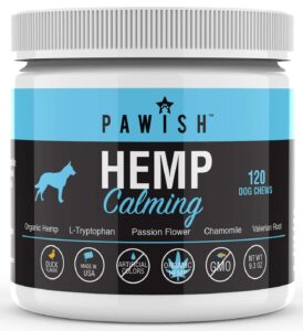 calming treats for dogs with organic hemp oil, tryptophan, chamomile, passion flower & valerian - stress & anxiety relief for separation, travel, fireworks, storms and barking - 120 soft chews