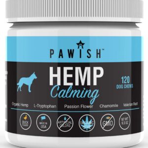 Calming Treats for Dogs with Organic Hemp Oil, Tryptophan, Chamomile, Passion Flower & Valerian - Stress & Anxiety Relief for Separation, Travel, Fireworks, Storms and Barking - 120 Soft Chews