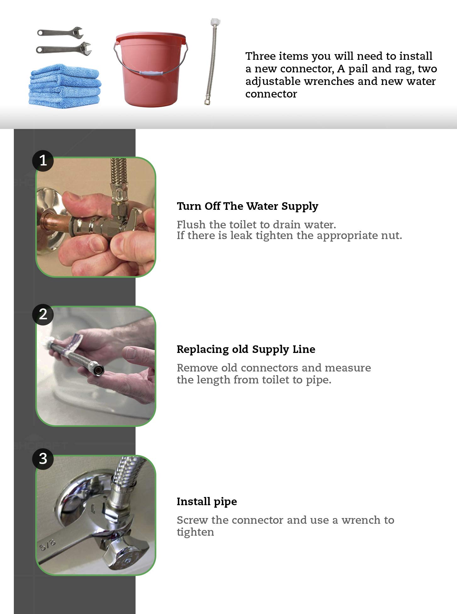 Highcraft CNCT27416-OM1 Hose Connects to Water, Braided Stainless Steel Supply Line, 3/8 Compression x 7/8 Female Balcock Nut Toilet Connector 16 Inch