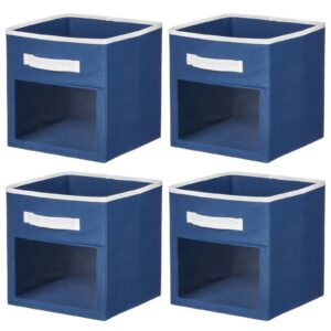 mDesign Fabric Nursery/Playroom Closet Storage Organizer Bin Box with Front Handle/Window for Cube Furniture Shelving Units, Hold Toys, Clothes, Diapers, Bibs, Jane Collection, 4 Pack, Navy Blue/White