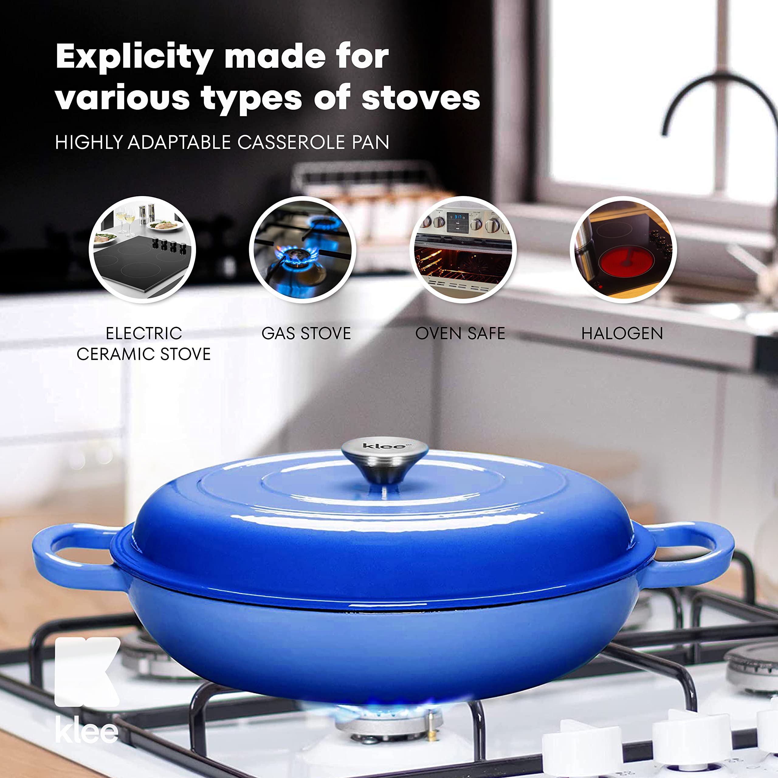 Klee 3.8 Quart Blue Casserole Dish with Lid - Enameled Porcelain Coated Cast Iron Cookware Used as Braising Pan, Baking Pan, Saucepan, Frying Pan, and More - 3.8 Quart Capacity, 12 Inches