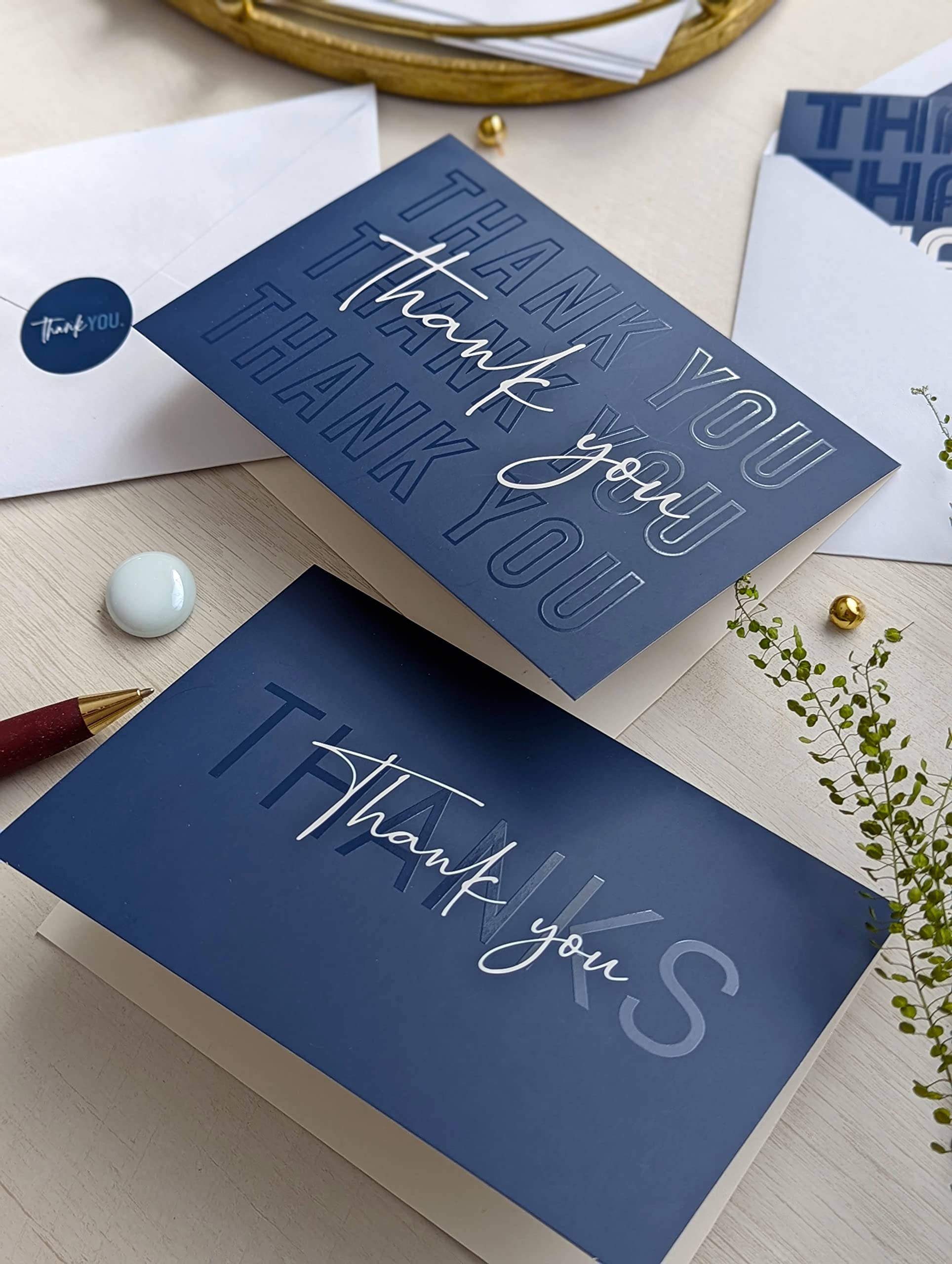 100 Thank You Cards with Envelopes and Stickers - 4 Unique Navy Blue Designs Bulk Blank Notes Luxury UV Printing for Business, Formal and All Occasions 4x6 Inch Blank Inside