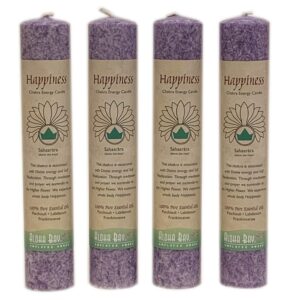 aloha bay chakra energy pillar candles | meditation and balance set (4 pack, happiness - sahasrara | patchouli, labdanum, frankincense)