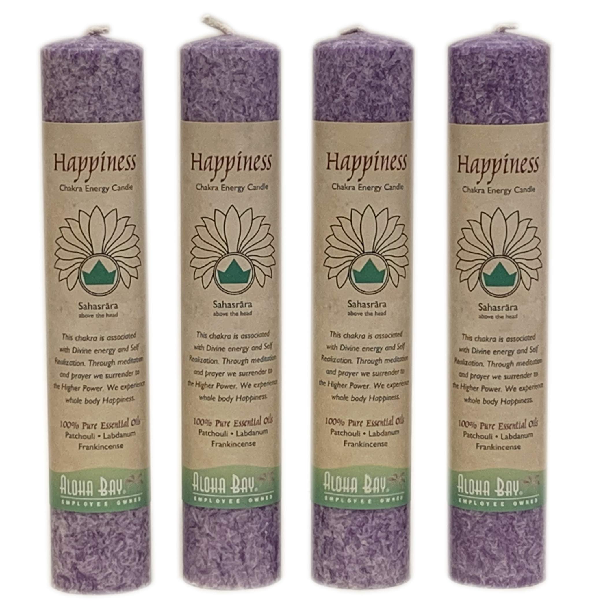 Aloha Bay Chakra Energy Pillar Candles | Meditation and Balance Set (4 Pack, Happiness - Sahasrara | Patchouli, Labdanum, Frankincense)