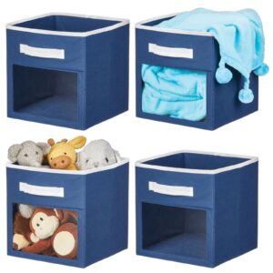 mdesign fabric nursery/playroom closet storage organizer bin box with front handle/window for cube furniture shelving units, hold toys, clothes, diapers, bibs, jane collection, 4 pack, navy blue/white