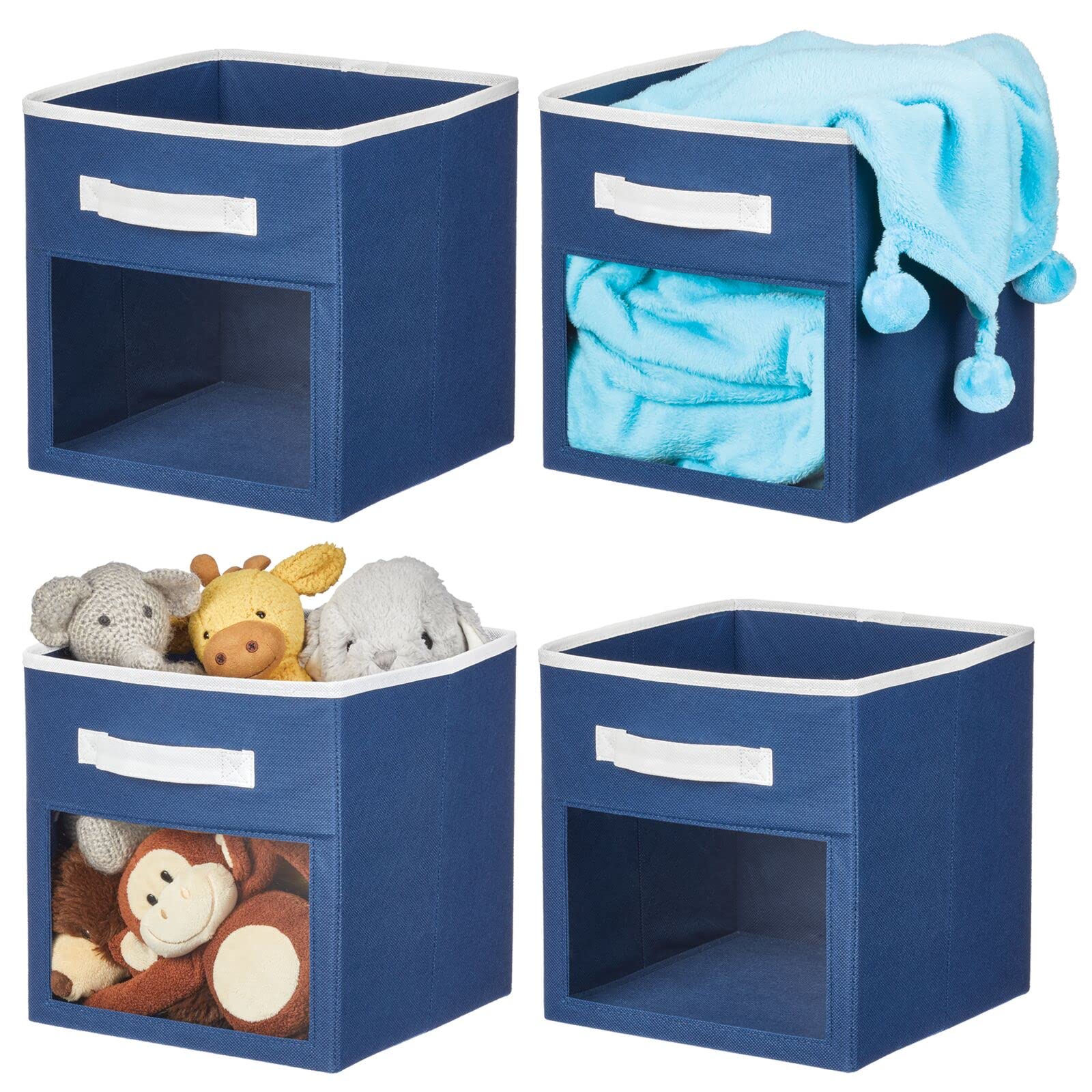 mDesign Fabric Nursery/Playroom Closet Storage Organizer Bin Box with Front Handle/Window for Cube Furniture Shelving Units, Hold Toys, Clothes, Diapers, Bibs, Jane Collection, 4 Pack, Navy Blue/White