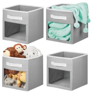 mdesign fabric nursery/playroom closet storage organizer bin box with front handle/window for cube furniture shelving units, hold toys, clothes, diapers, bibs, jane collection, 4 pack - gray/white