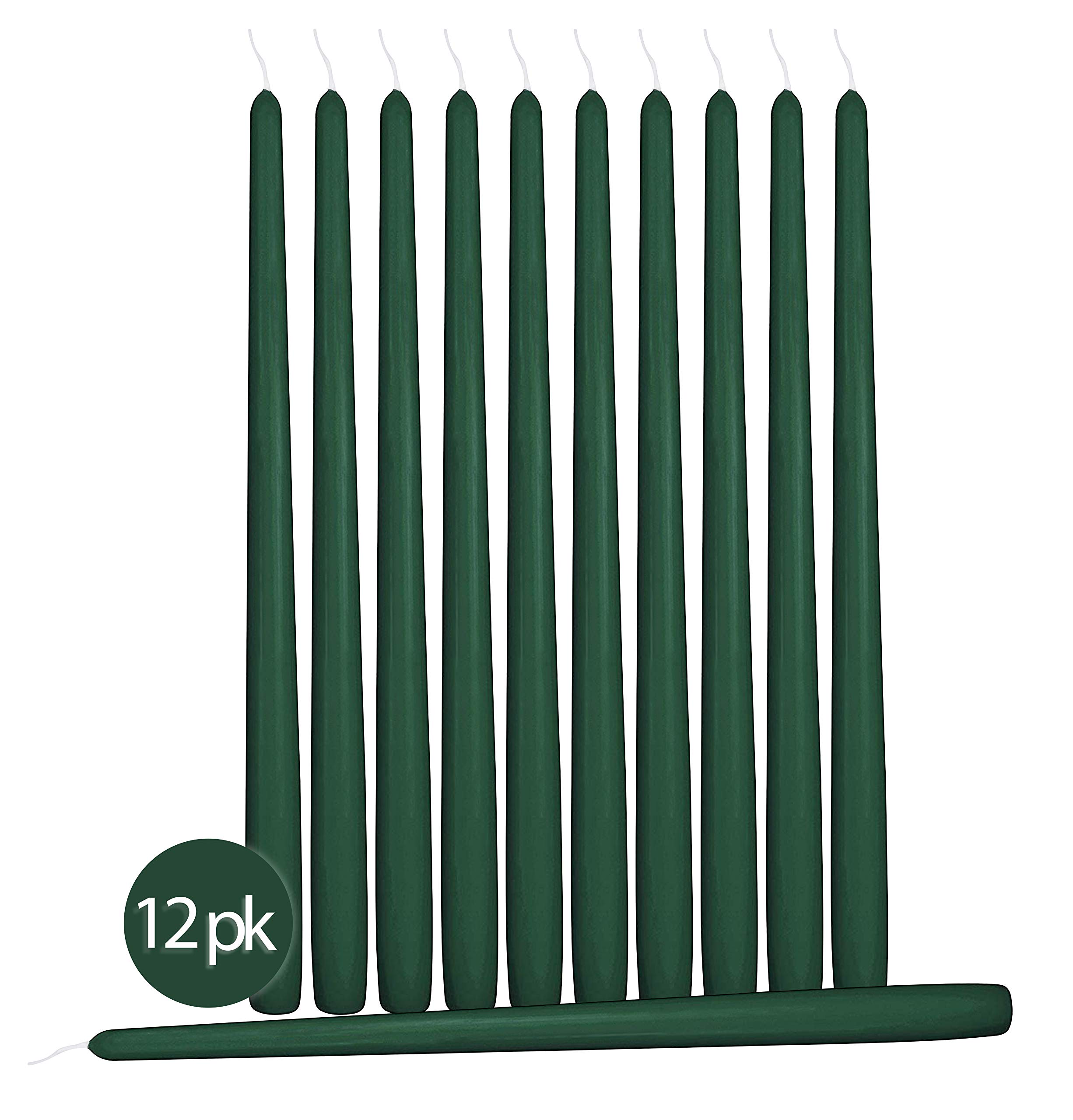 Hyoola 12 Pack Tall Taper Candles - 12 Inch Hunter Green Dripless, Unscented Dinner Candle - Paraffin Wax with Cotton Wicks - 10 Hour Burn Time