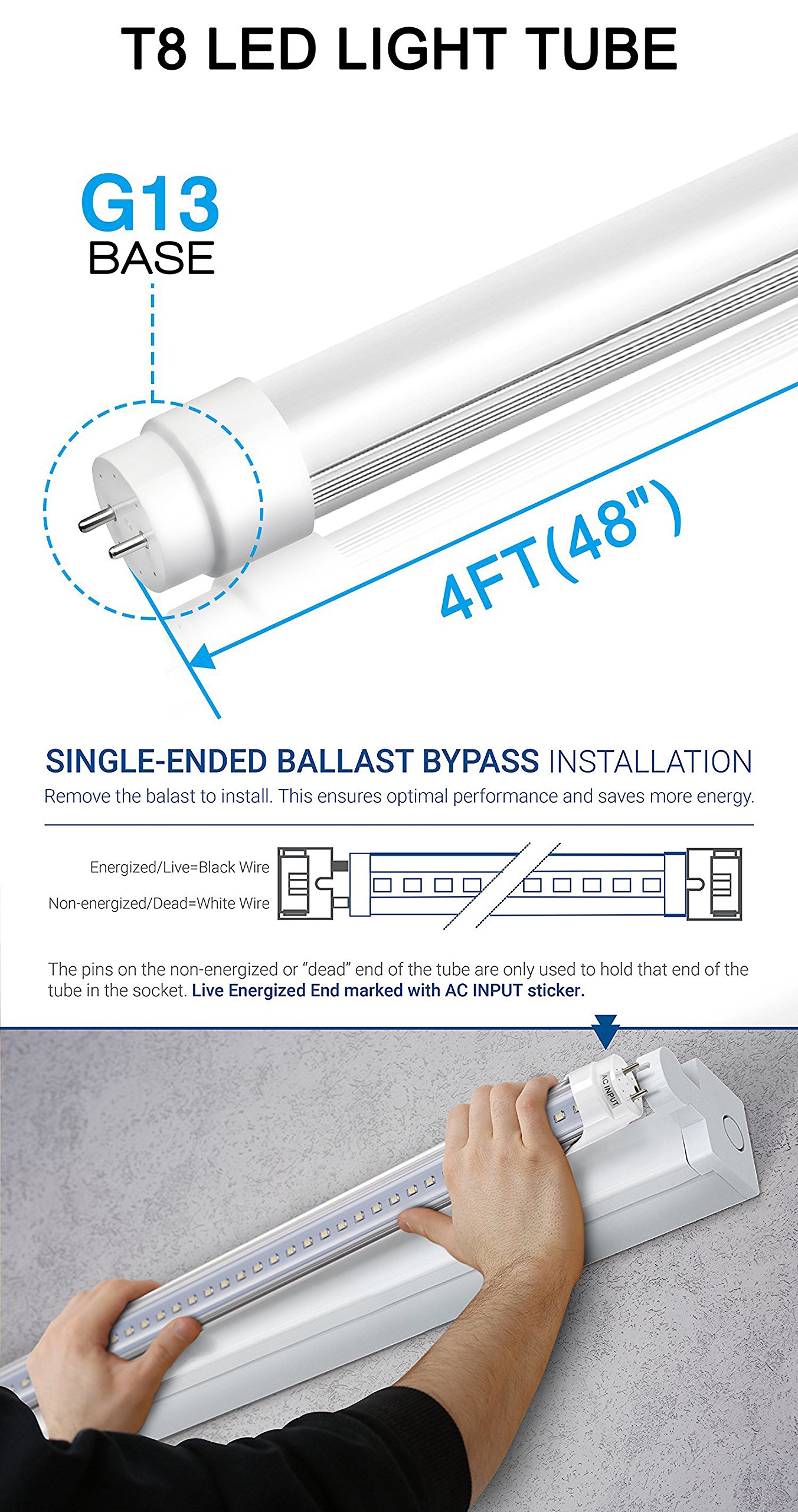 Alpha T8 T10 T12 LED Light Bulbs Clear or Frosted Lens 4FT 18W 6000K-6500K Cool White Bright Dual End Replacement 40W 4 FT Fluorescent Lamp Ballast Bypass Home Office Shop Pack of 4 (Clear Lens)