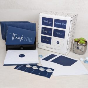 100 Thank You Cards with Envelopes and Stickers - 4 Unique Navy Blue Designs Bulk Blank Notes Luxury UV Printing for Business, Formal and All Occasions 4x6 Inch Blank Inside