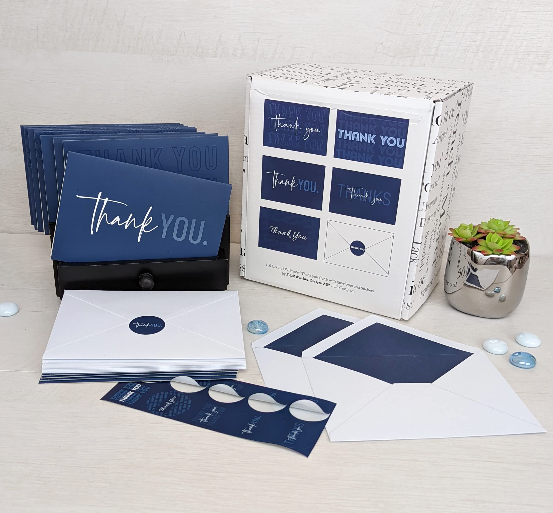 100 Thank You Cards with Envelopes and Stickers - 4 Unique Navy Blue Designs Bulk Blank Notes Luxury UV Printing for Business, Formal and All Occasions 4x6 Inch Blank Inside