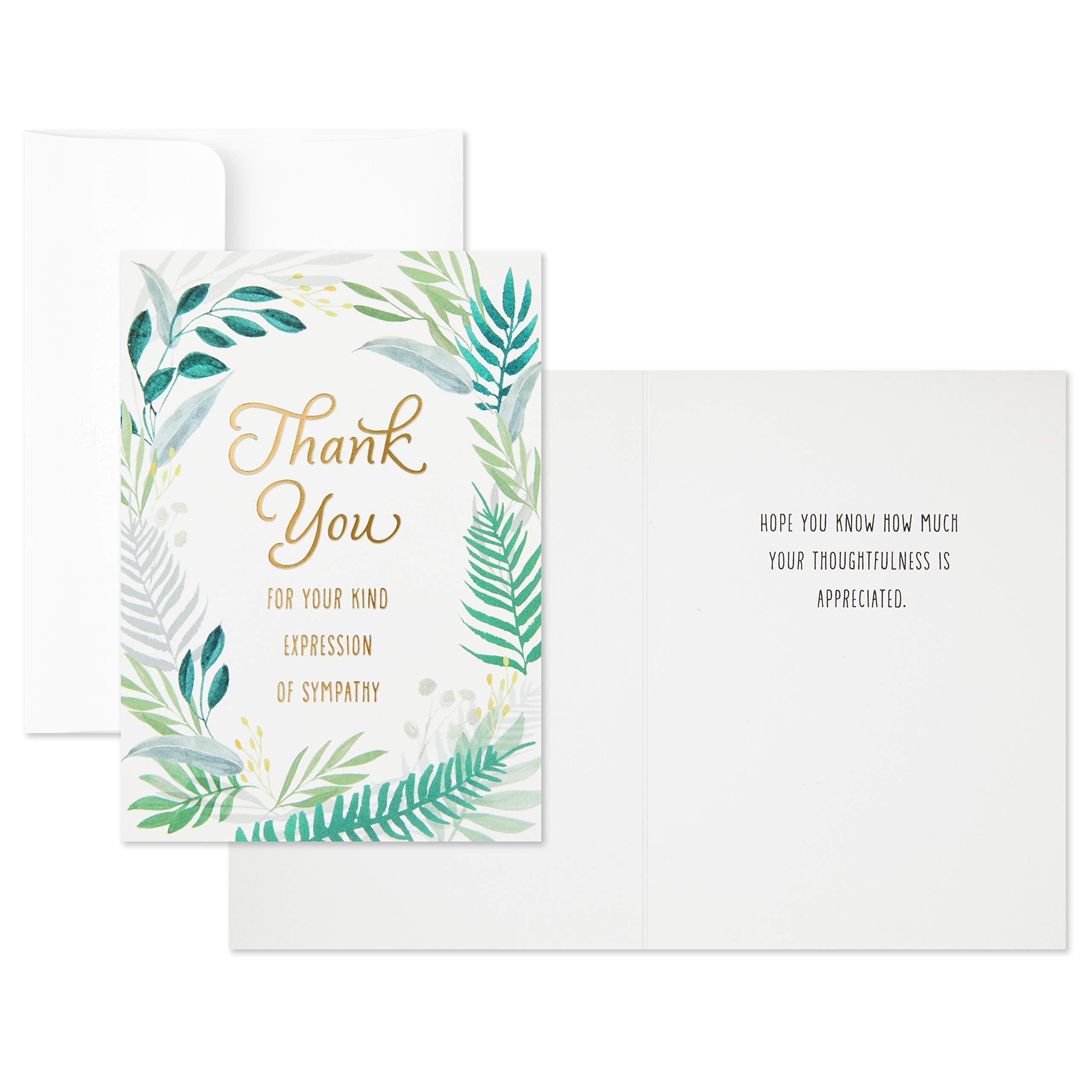 Hallmark Pack of 20 Thank You for Your Sympathy Cards, Gold Foil Greenery (Funeral Thank You Cards)