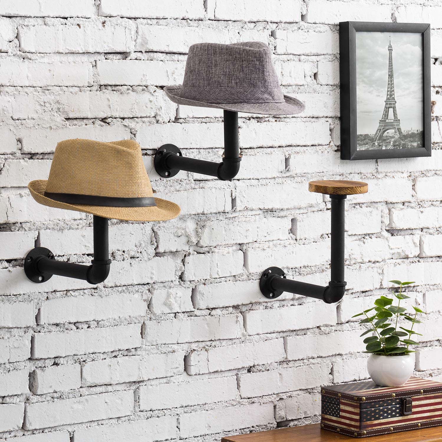 MyGift Set of 3 Wall Mounted Hat Rack Holder with Realistic Black Metal Pipe and Brown Wood, Hanging Entryway Hat Hooks and Wig Holder Rack