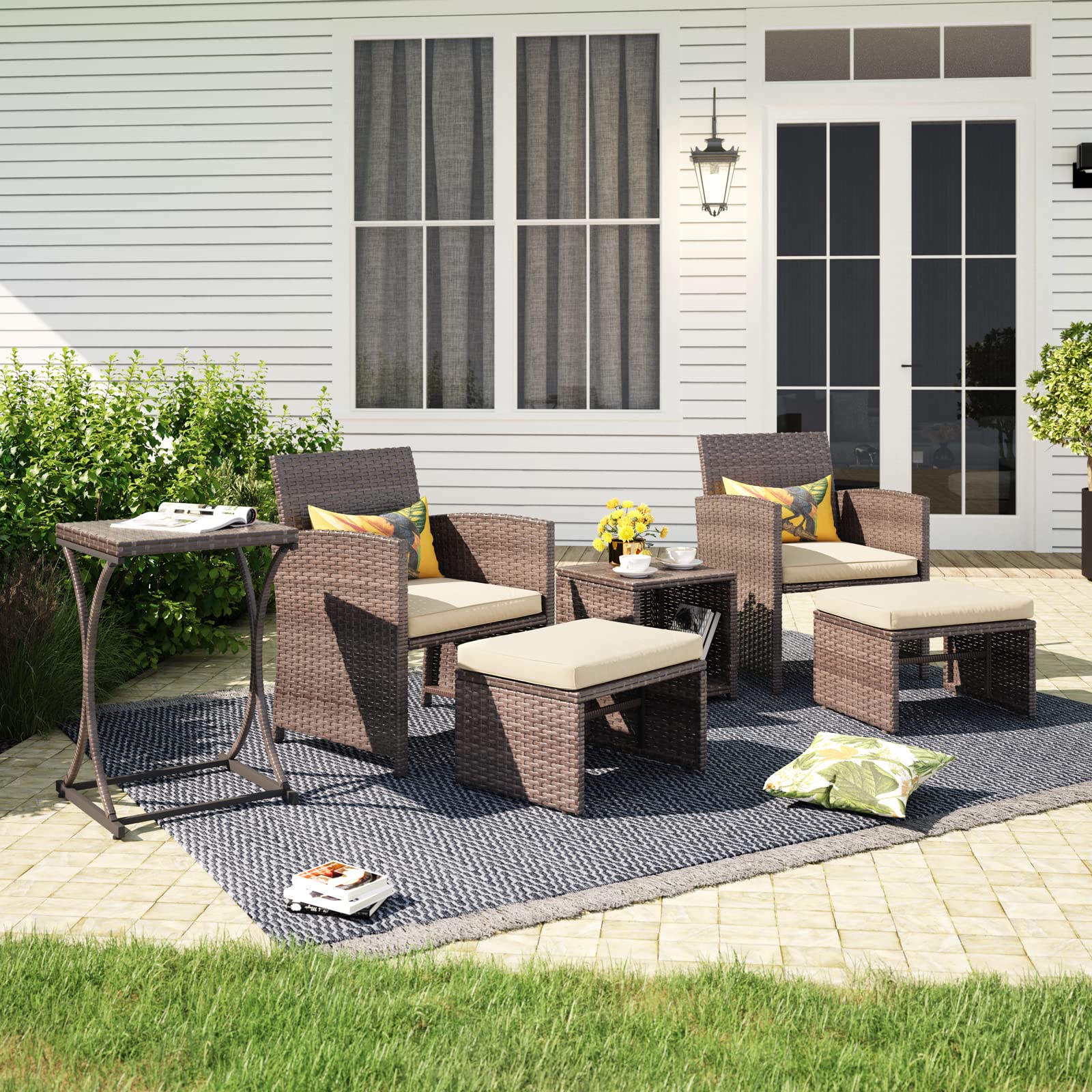 OC Orange-Casual 6 Piece Patio Wicker Furniture Set, Balcony All Weather Rattan Chair, with Space Saving Ottoman, Resin Nesting Coffee Table, Modern Design, Beige