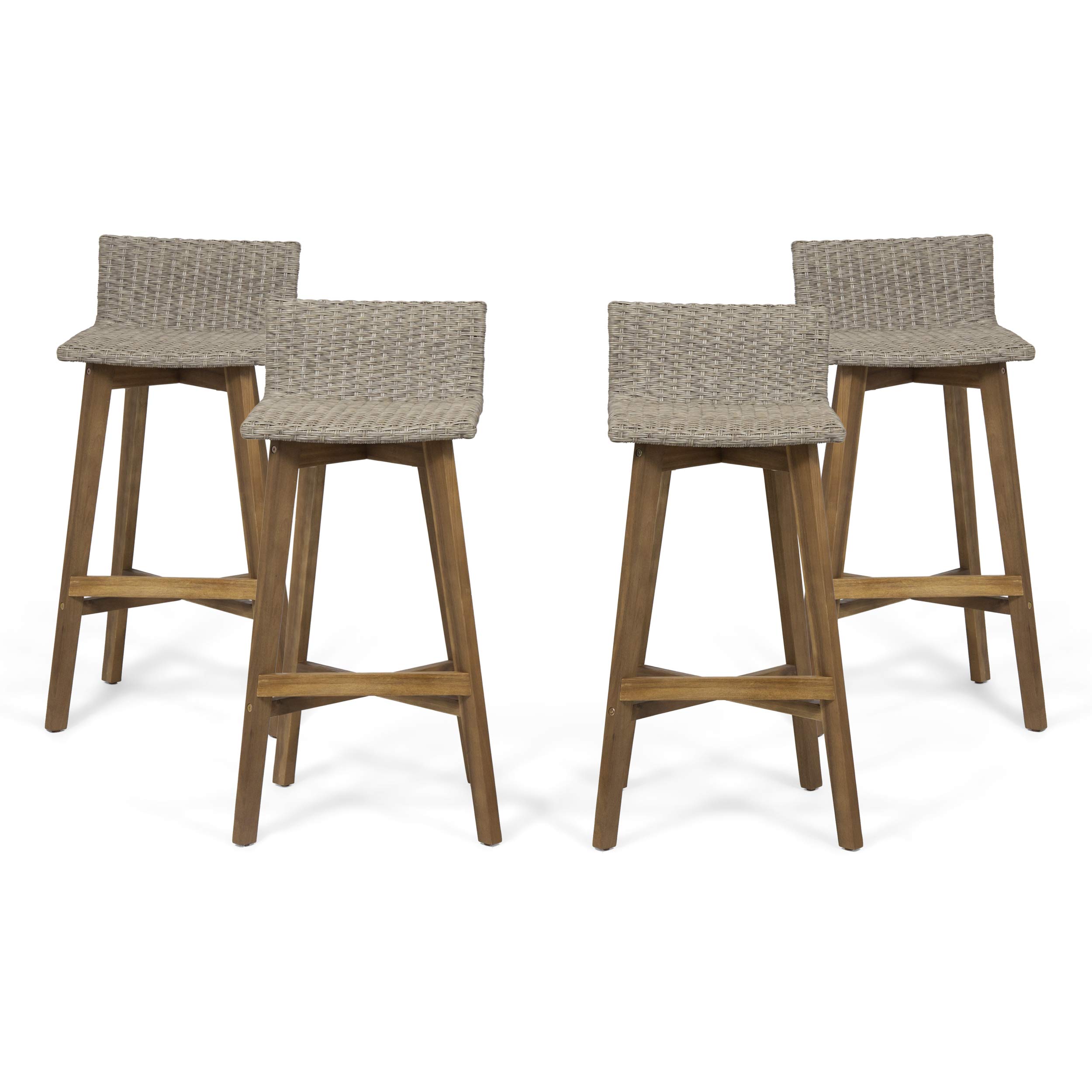 GDFStudio Outdoor Wood & Wicker Barstools (Set of 4), Light Brown and Teak