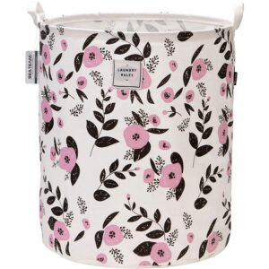 sea team 19.7" x 15.7" large sized folding cylindric canvas fabric laundry hamper storage basket with floral pattern, pink & black