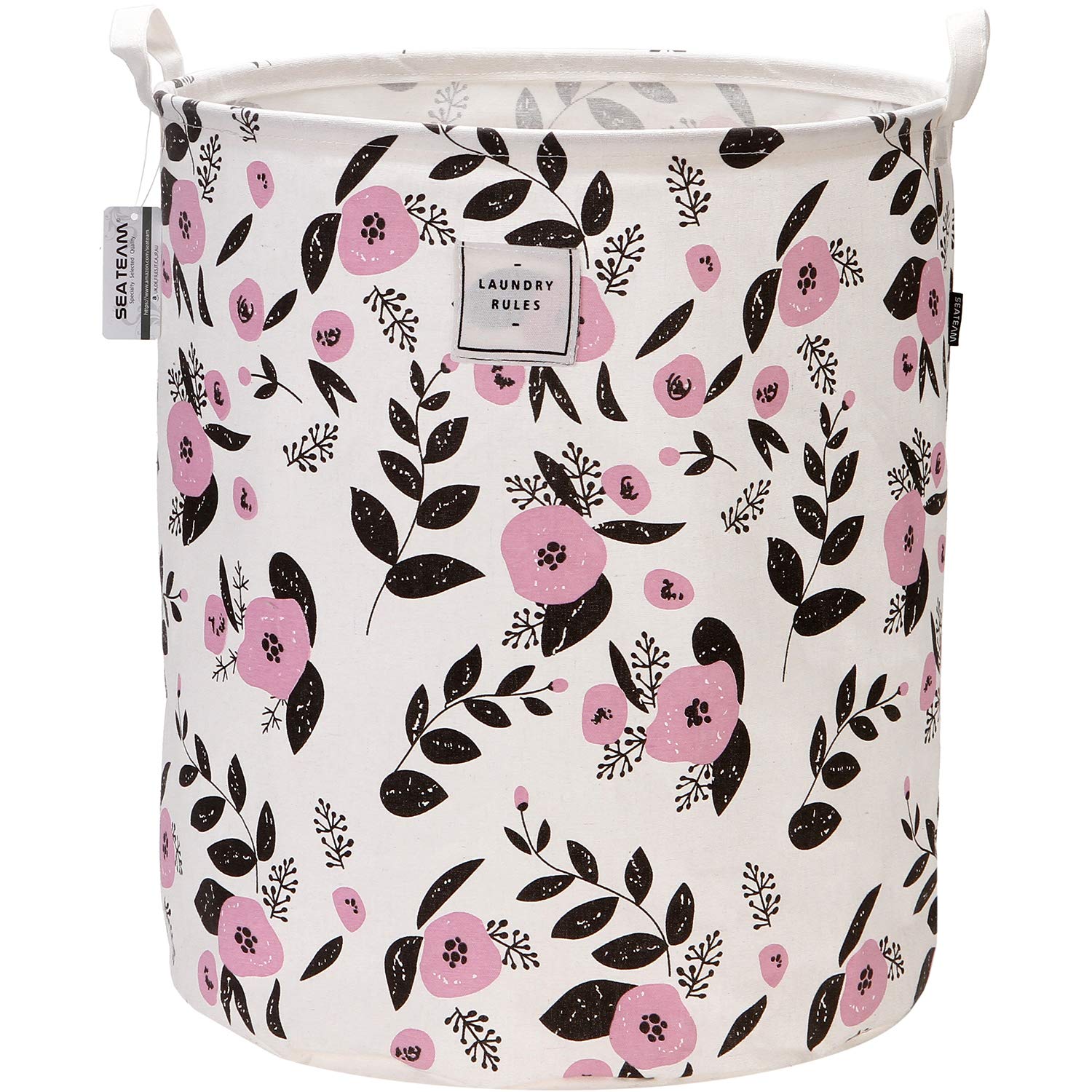 Sea Team 19.7" x 15.7" Large Sized Folding Cylindric Canvas Fabric Laundry Hamper Storage Basket with Floral Pattern, Pink & Black