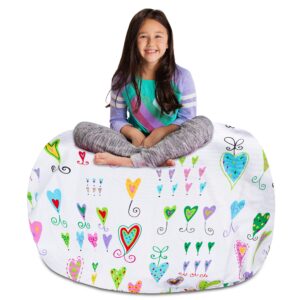 posh stuffable kids stuffed animal storage bean bag chair cover - childrens toy organizer, x-large-48 - canvas multi-colored hearts on white