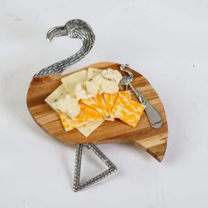 flamingo design acacia wood cheese & serving board with matching cheese knife by picnic plus (flamingo)